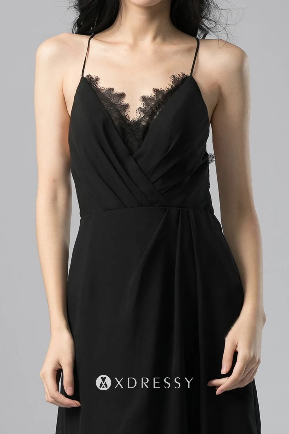 Black Spaghetti Straps Lace V-Neck Bridesmaid Dress - Xdressy