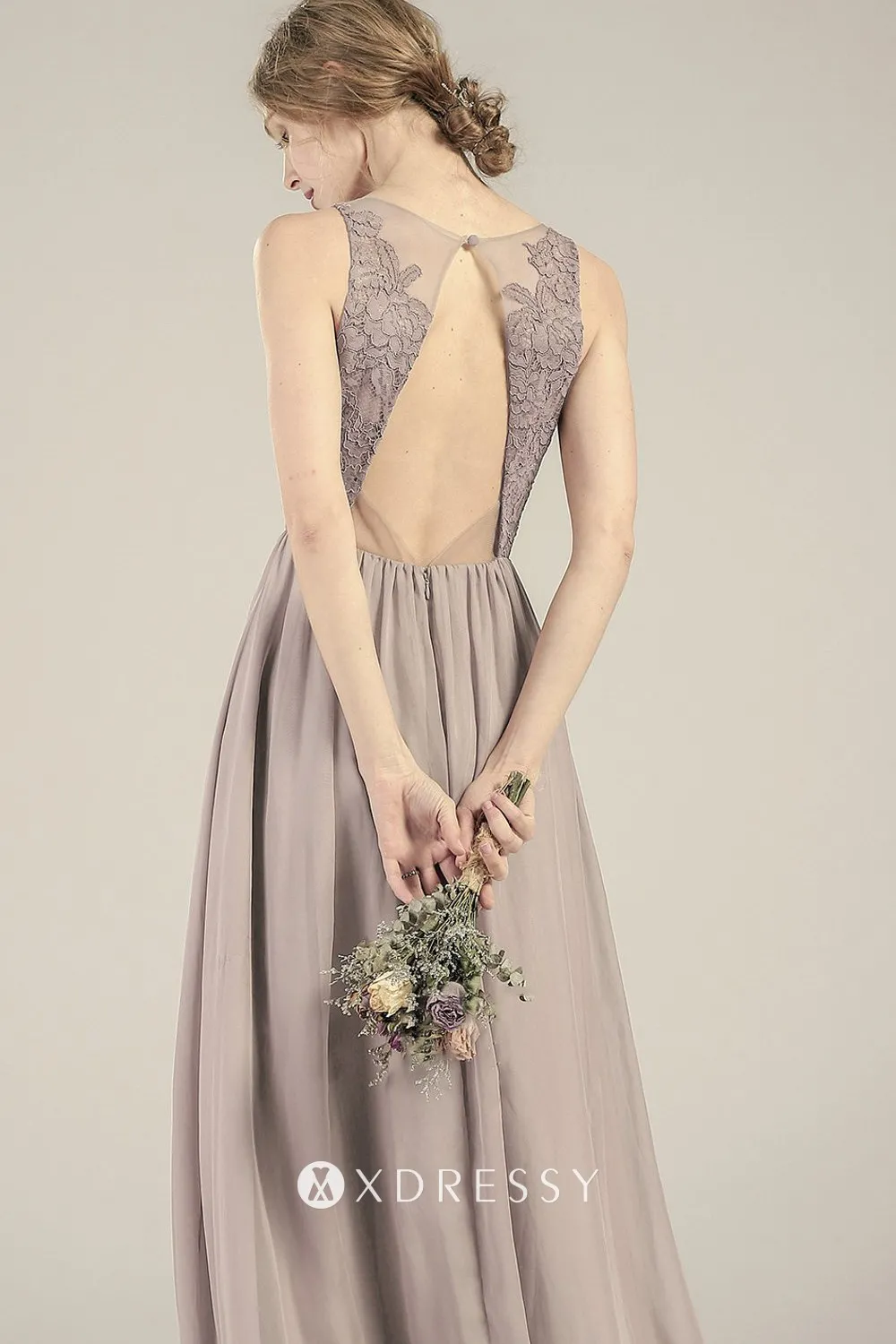 Illusion V-neck Lace and Chiffon Long Bridesmaid Dress - Xdressy