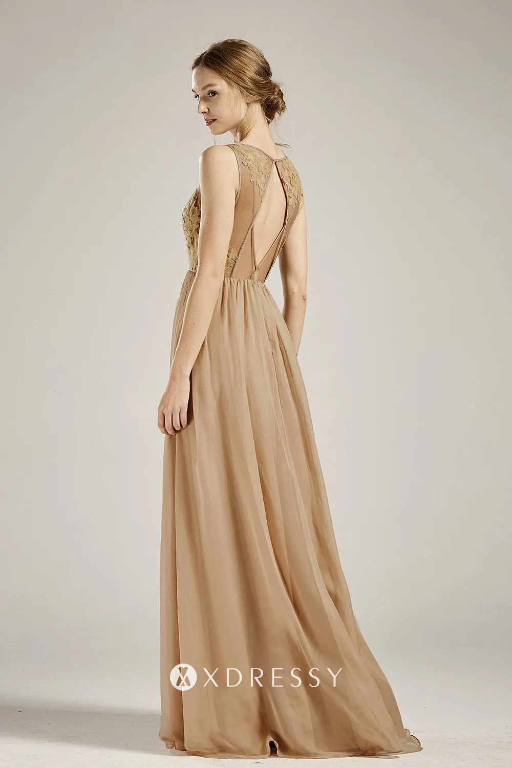 V-neck Peanut Lace and Chiffon Long Maid of Honor Dress - Xdressy
