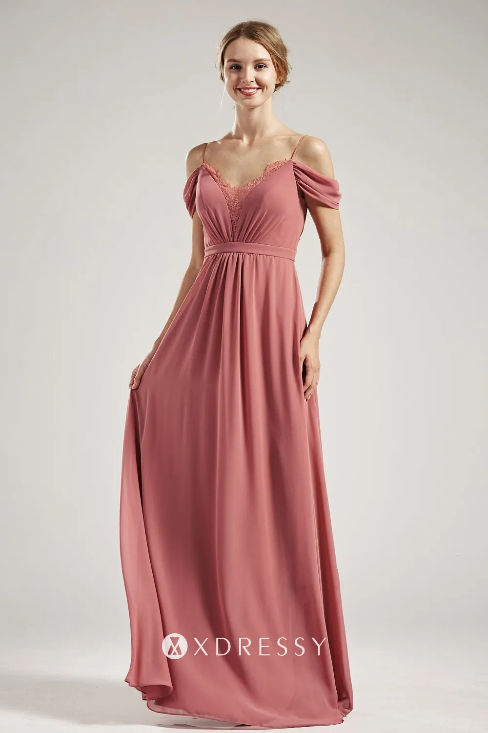 Cold Shoulder Vintage Rose Lace and Chiffon Long Dress - Xdressy