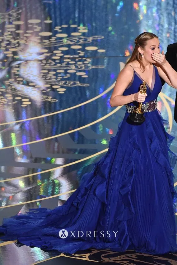 Brie Larson Ruffled Cobalt Blue Dress Oscars 2016 - Xdressy