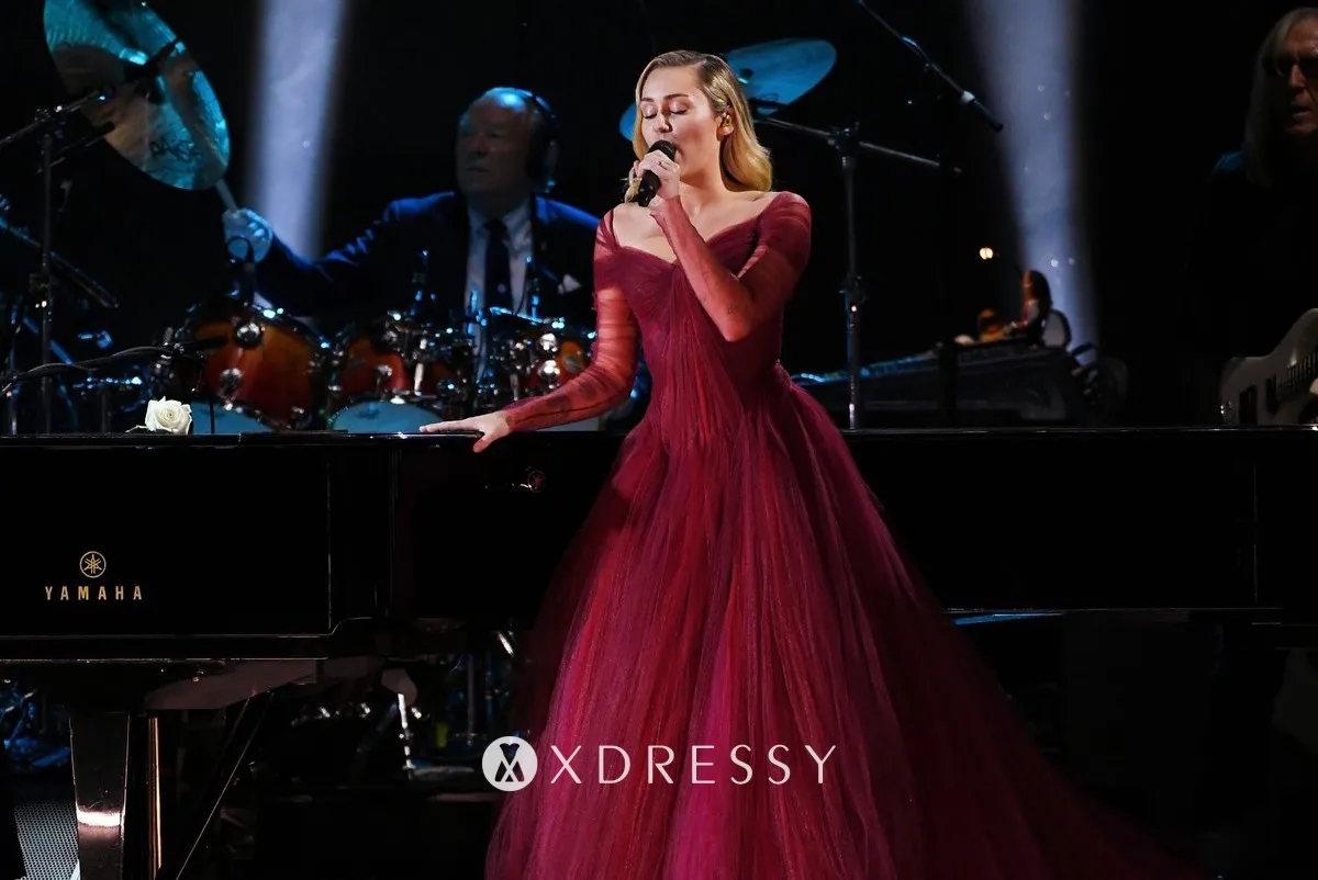 Miley Cyrus Pleated Wine Tulle Sleeved Prom Dress - Xdressy
