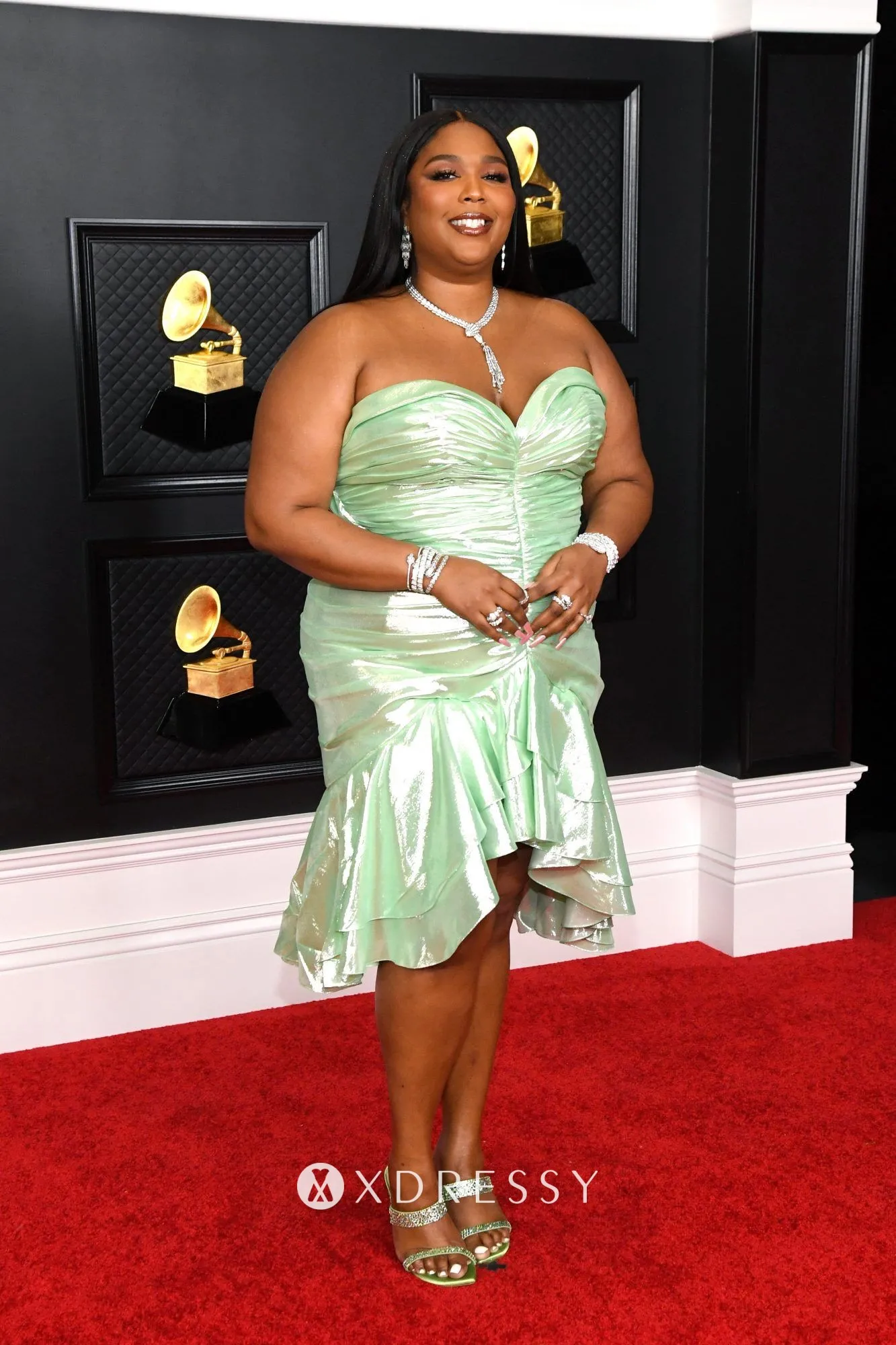 Lizzo Balmain Green Shiny Plus Size Dress Grammys 2021 - Xdressy