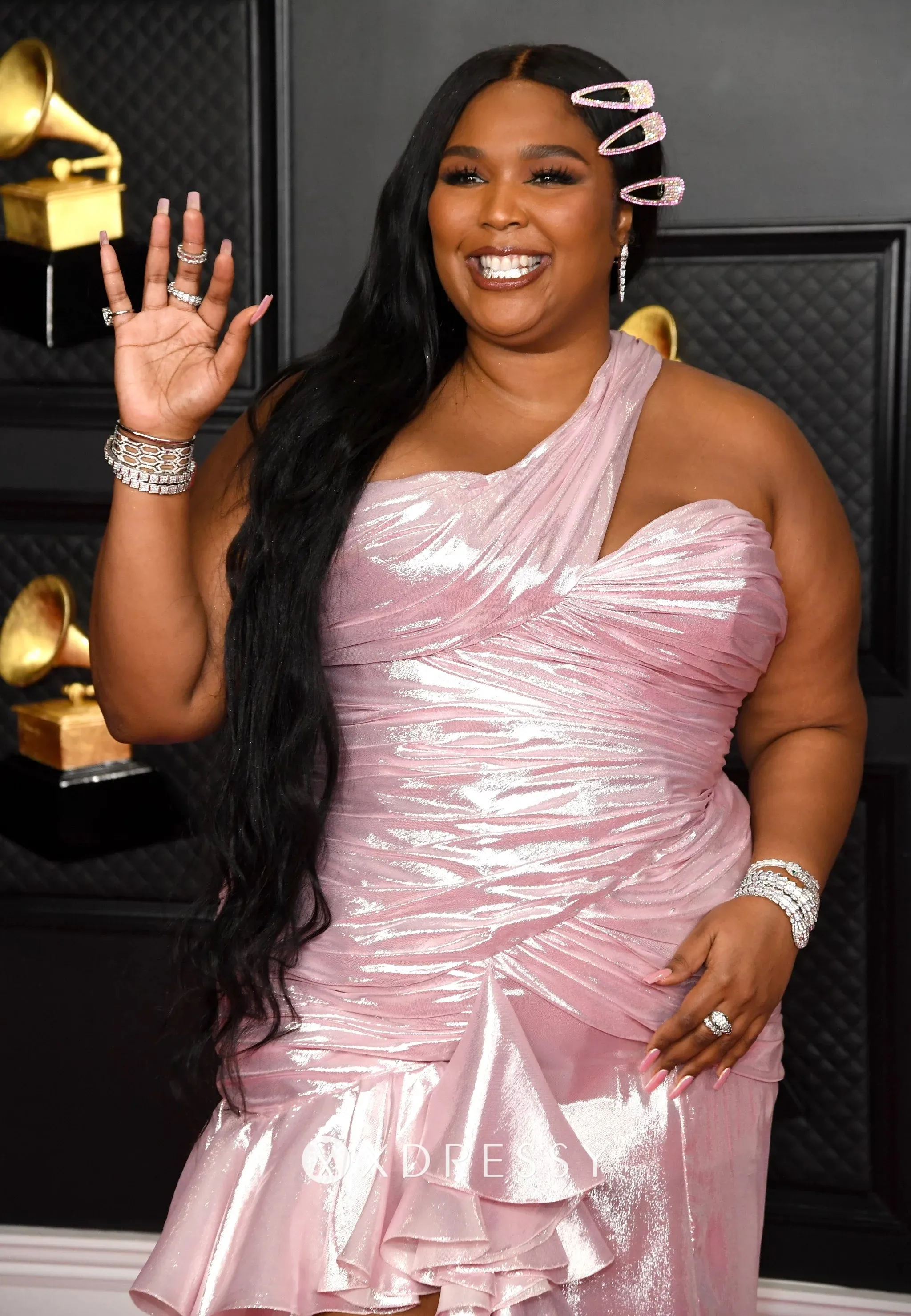 Lizzo Pink Ruched Red Carpet Shiny Dress Grammys 2021 - Xdressy