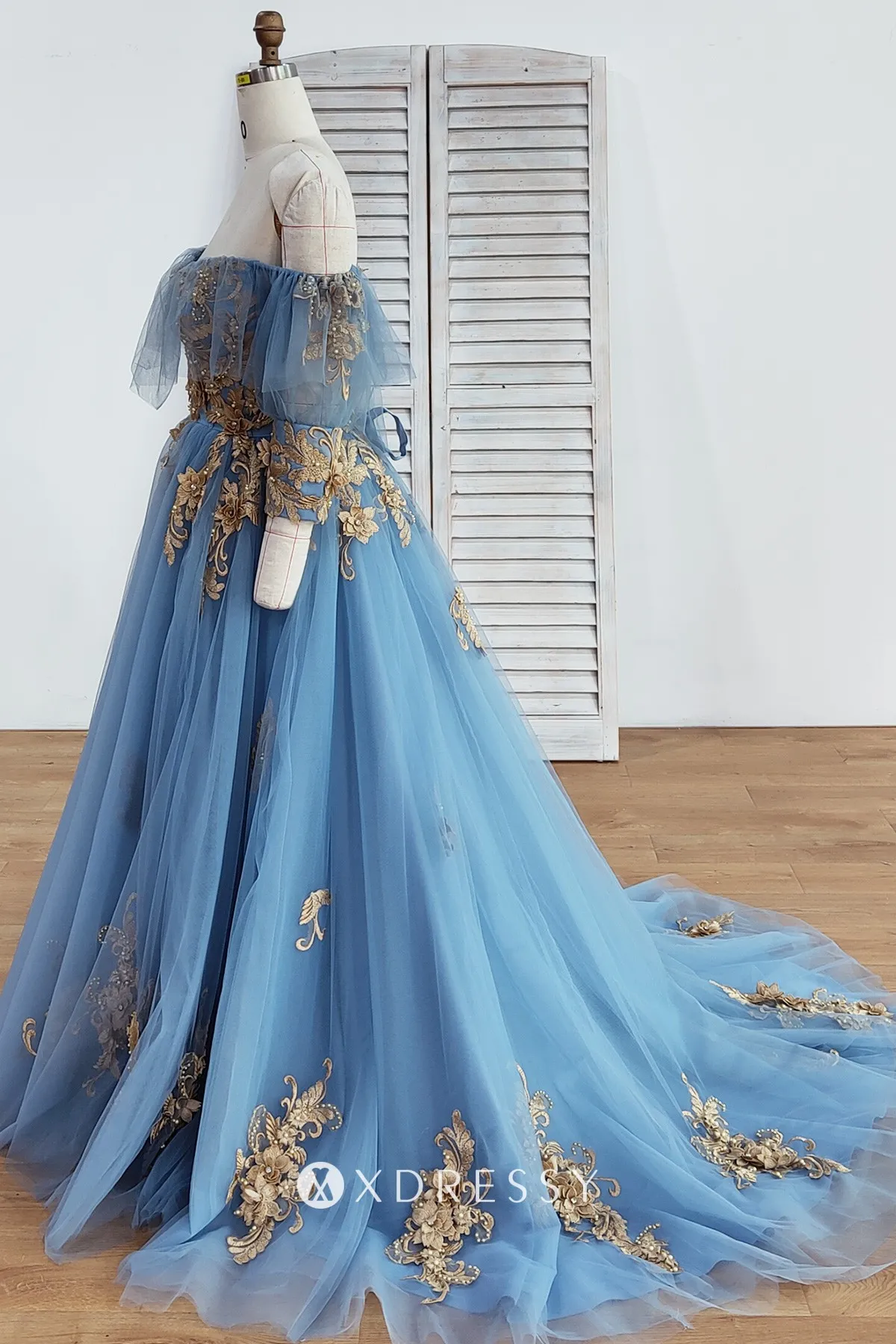 Ruffled Off-shoulder Sweetheart Blue Tulle Prom Dress - Xdressy