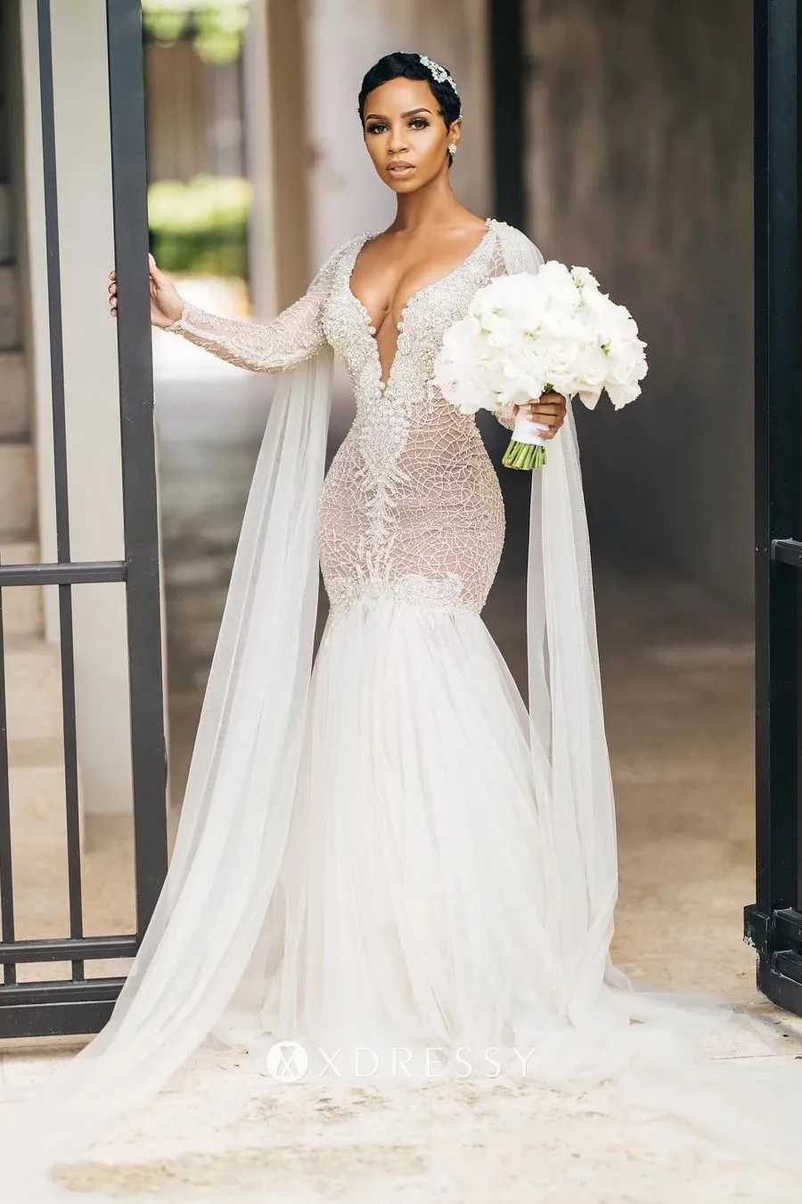 Beaded Lace Plunging Neck Caped Mermaid Wedding Gown - Xdressy