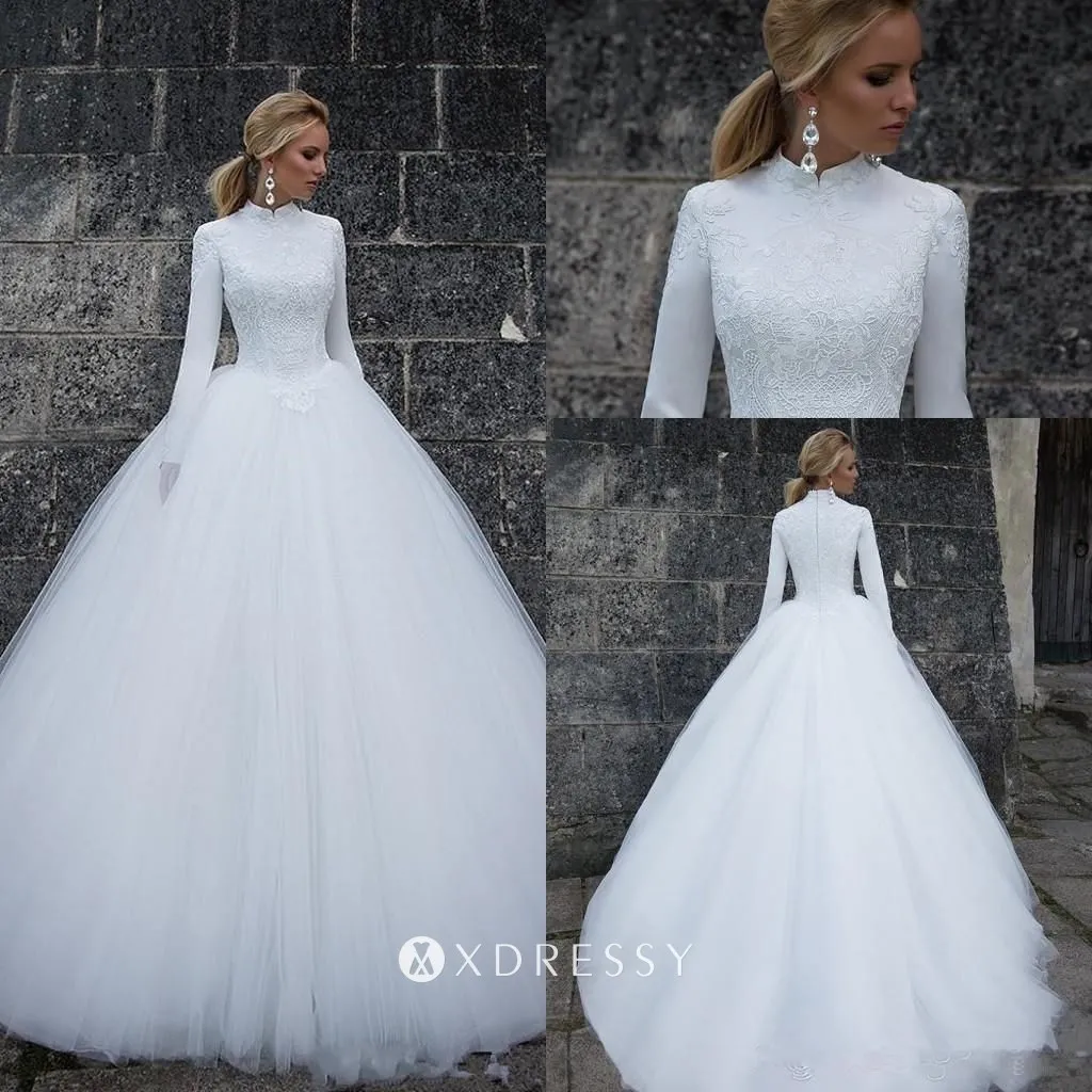 High Neck Long Sleeve Chinese Ball Gown Wedding Dress - Xdressy