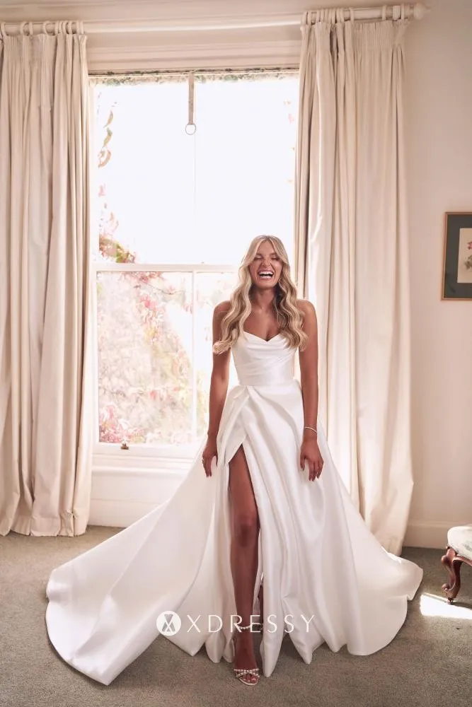 Simple V-neck Ivory Satin Bridal Dress with Leg Slit - Xdressy