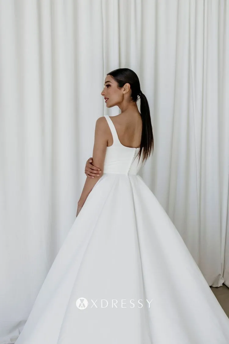 Minimalist Square Neck Satin A-line Slit Bridal Dress - Xdressy