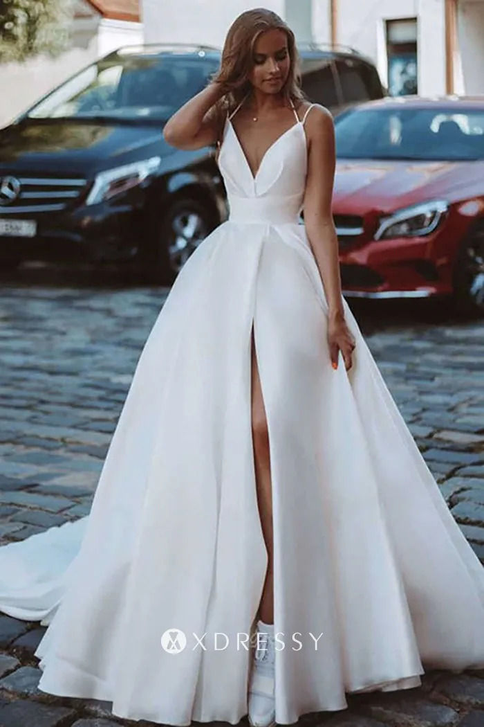 Spaghetti Strap Ivory Satin Slit Modern Bridal Dress - Xdressy