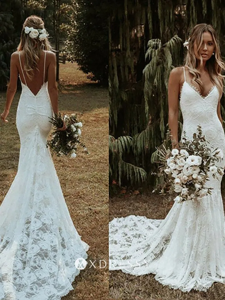 Spaghetti Strap Lace Low Back Bohemian Wedding Dress - Xdressy