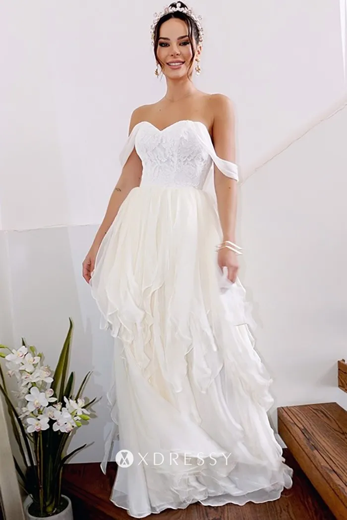 Off-Shoulder Flowy Ruffled Chiffon Beach Bridal Dress - Xdressy