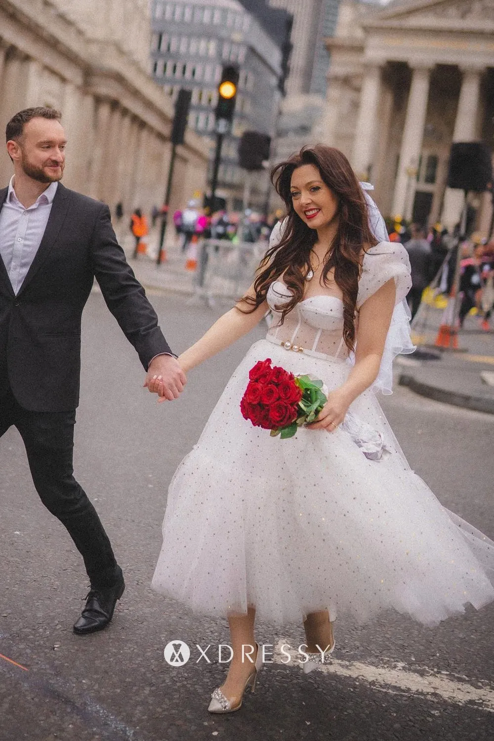 Sparkling Tulle A-line Midi City Hall Wedding Dress - Xdressy