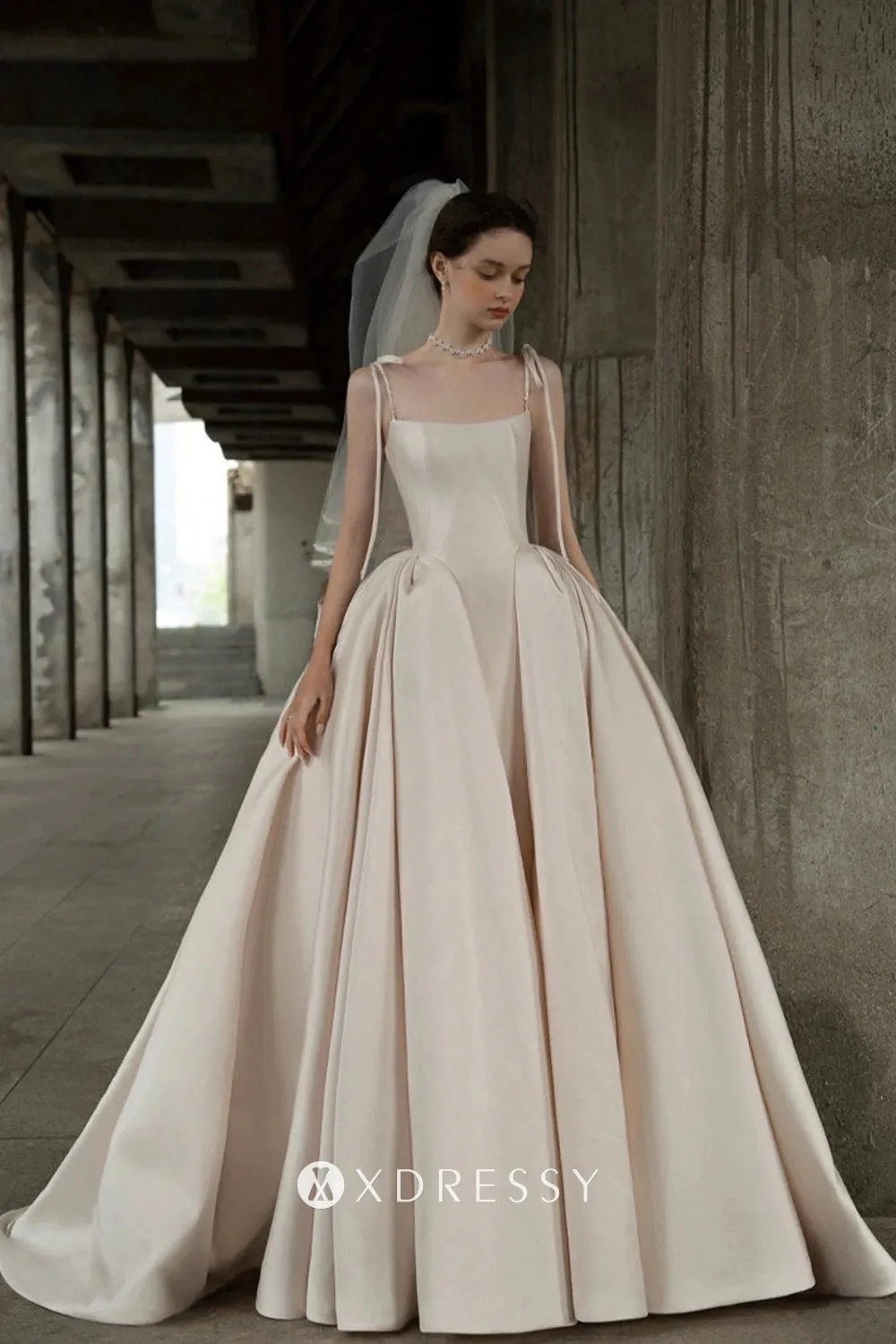 Fashion Spaghetti Straps Ruched Satin Wedding Ball Gown - Xdressy