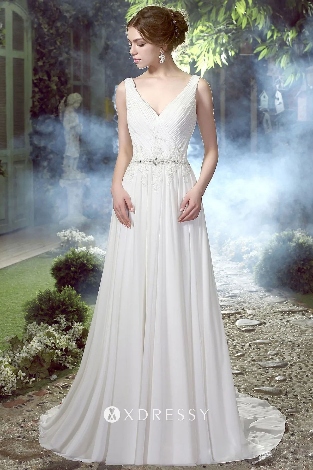 Pleated White Chiffon V Neck Flowy Wedding Dress - Xdressy