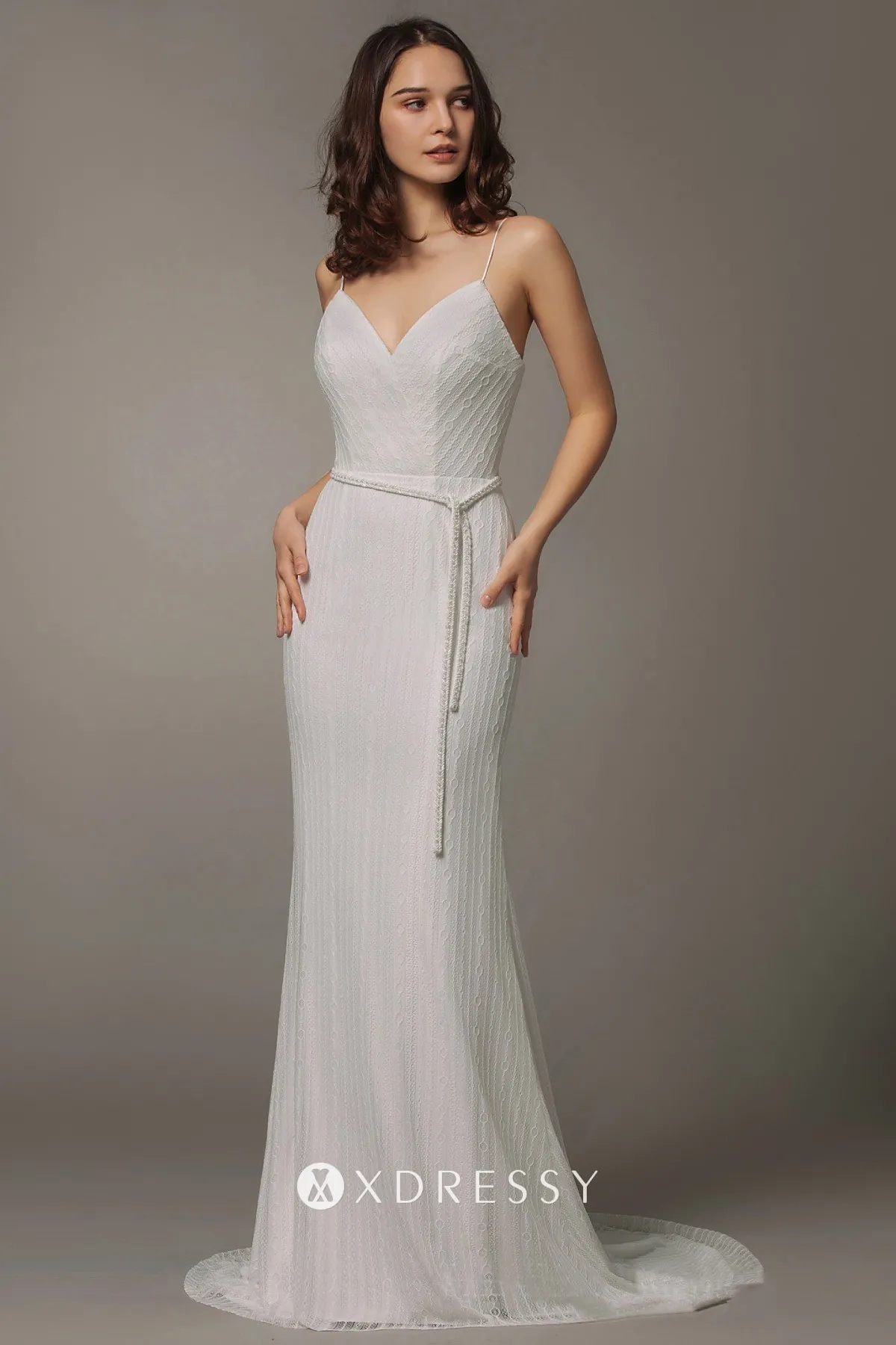 V Neck Lace Mesh Overlay Fit-and-flare Bridal Gown - Xdressy