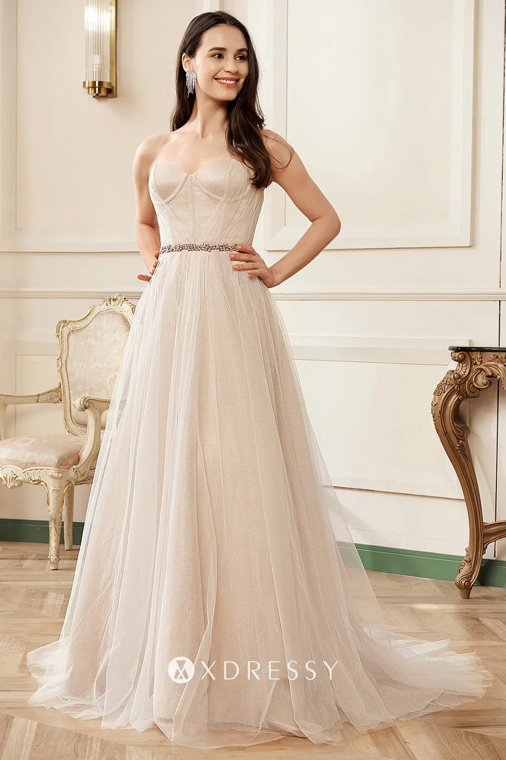 Shimmer Nude Glitter Satin Tulle Overlay Bridal Gown - Xdressy
